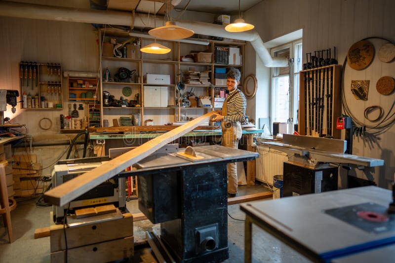 Carpentry Workshop, Craftsman Master Working. Guy on Workplace with ...