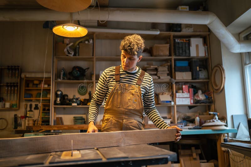 Carpentry Workshop, Craftsman Master Working. Guy on Workplace with ...