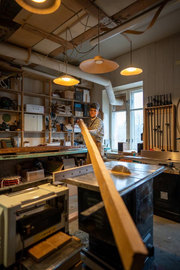 Carpentry Workshop, Craftsman Master Working. Guy on Workplace with ...