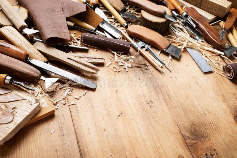 Carpentry Workshop Desk with Set of Different Handmade Carving Tools ...