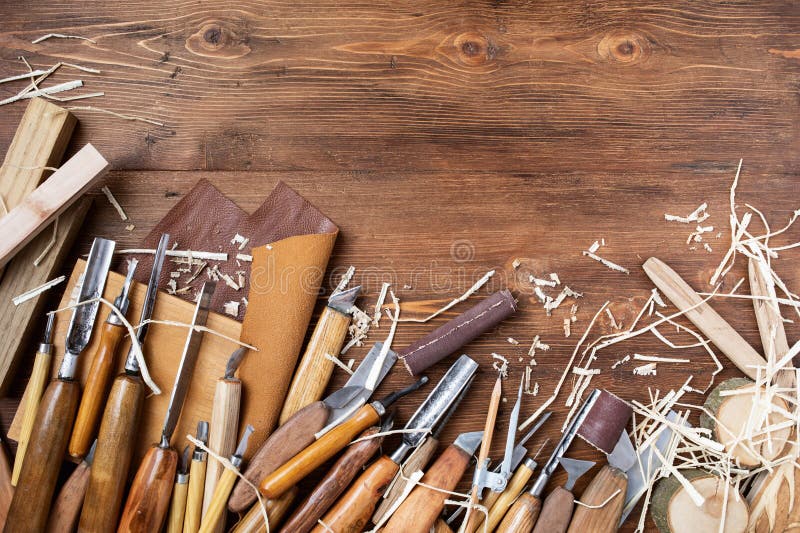 Carpentry Workshop Desk with Set of Different Handmade Carving Tools ...