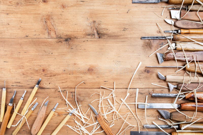 Carpentry Workshop Desk with Set of Different Handmade Carving Tools ...