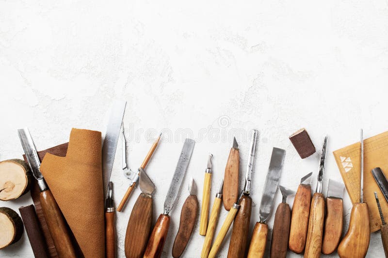 Carpentry Workshop Desk with Set of Different Handmade Carving Tools ...