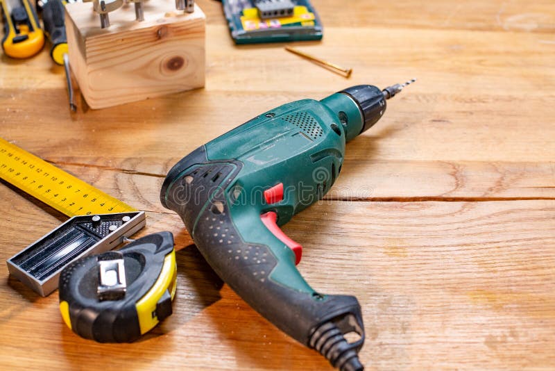 Carpentry Workshop Drill and Other Tools Lie on the Table Stock Photo ...
