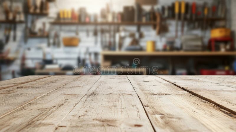 Carpentry Workshop Featuring an Empty Wooden Table with Blurred Tools ...