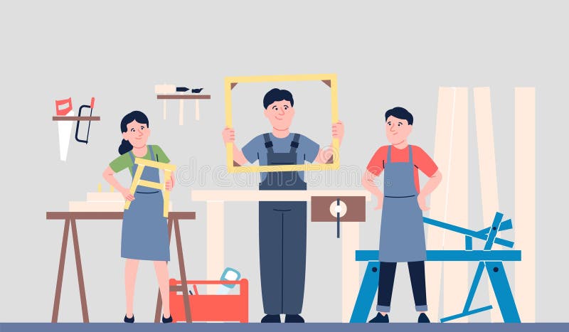 Carpentry Workshop. Teacher and Students Working with Wooden Materials ...