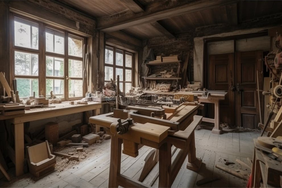 Carpentry Workshop with Tools and Materials in View Stock Illustration - Illustration of tools ...