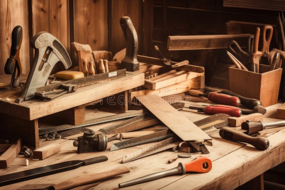 Carpentry Workshop with Tools, Saws, and Nails on Wood Stock Image ...