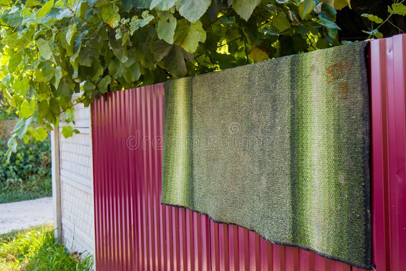 The Carpet Hangs on a Red Metal Fence Stock Image - Image of floral ...
