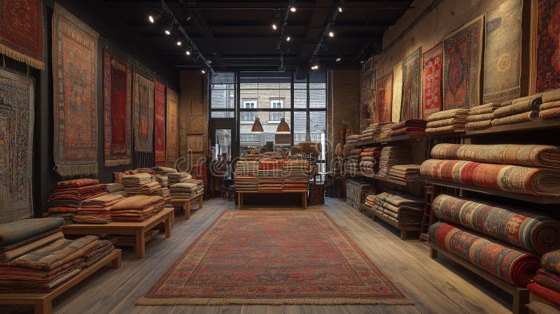 Carpet and Rug Store Interior with Oriental Designs and Vintage ...