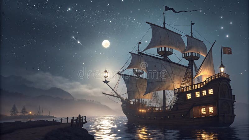 Carrack Ship Illuminated by Lanterns Under a Star-filled Night Sky ...