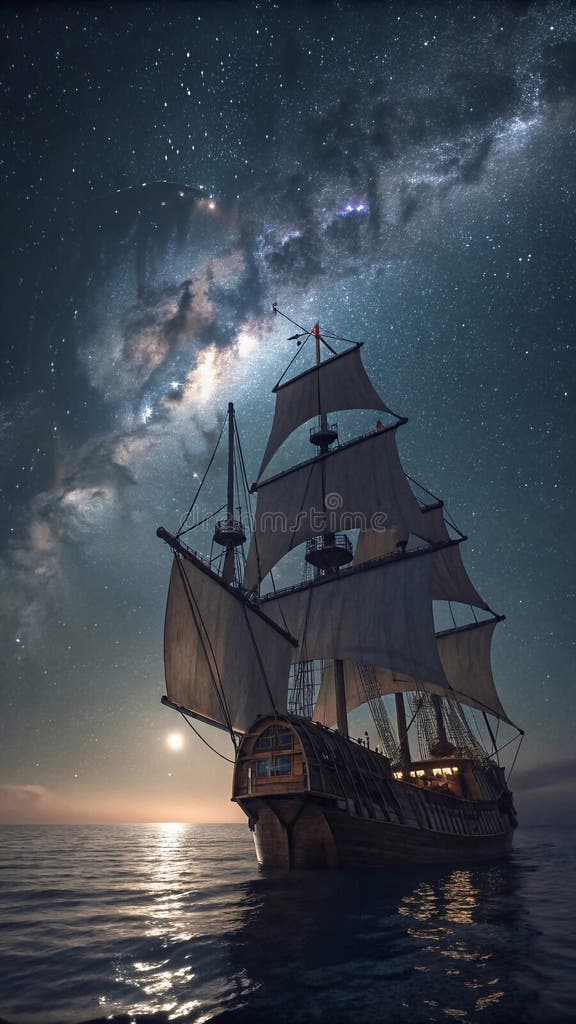 Carrack Ship Illuminated Under a Mesmerizing Starry Night Sky ...