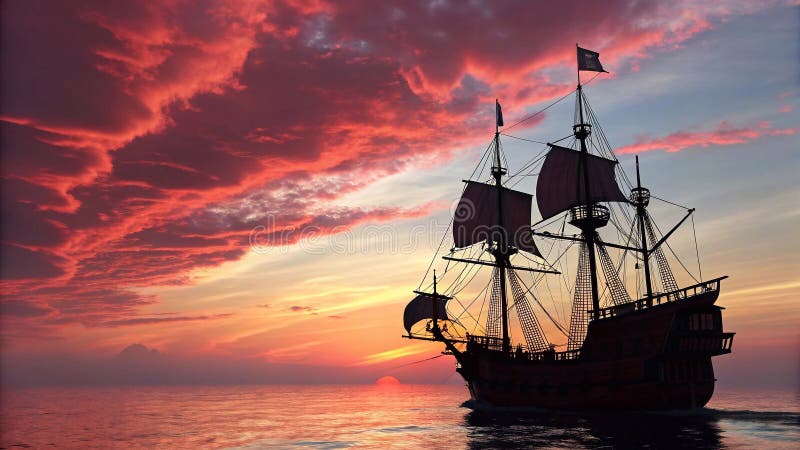 Carrack Silhouette Against a Dramatic Evening Sky at Sea. Illustration ...