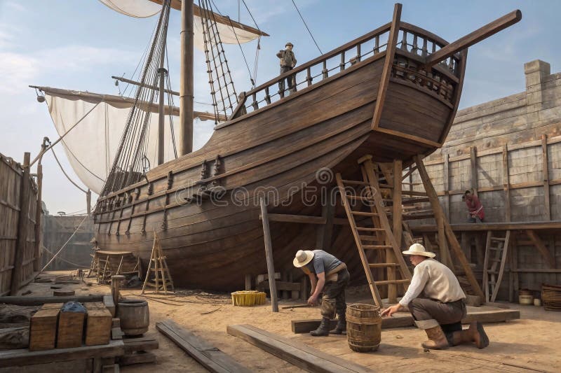 Carrack Under Construction in a Historical Shipyard with Workers ...