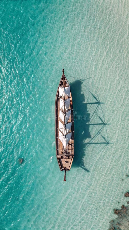 Carrack with White Sails Floating on Pristine Blue Water, Top-down View ...