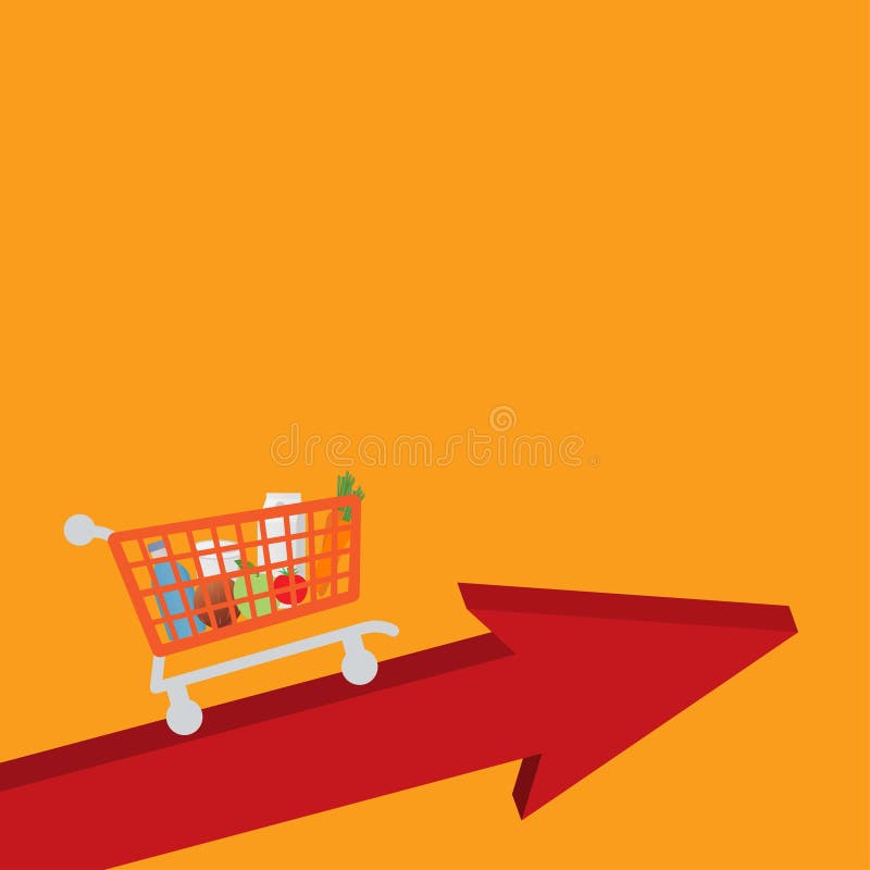 Carrito De Compras Con Productos En Una Flecha Roja Ilustración del ... Carrito De Compras Con Productos En Una Flecha Roja Ilustración del ...