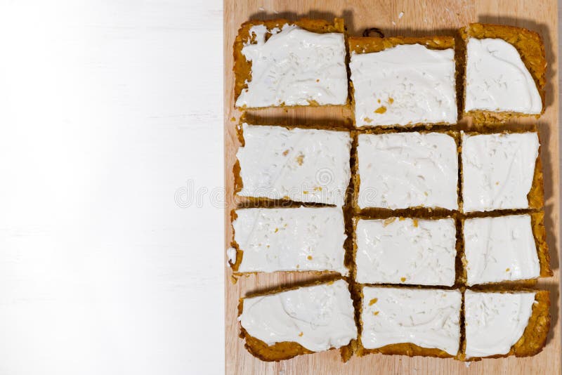 Carrot Cake with Icing on Wooden Board, Top View Stock Photo - Image of ...