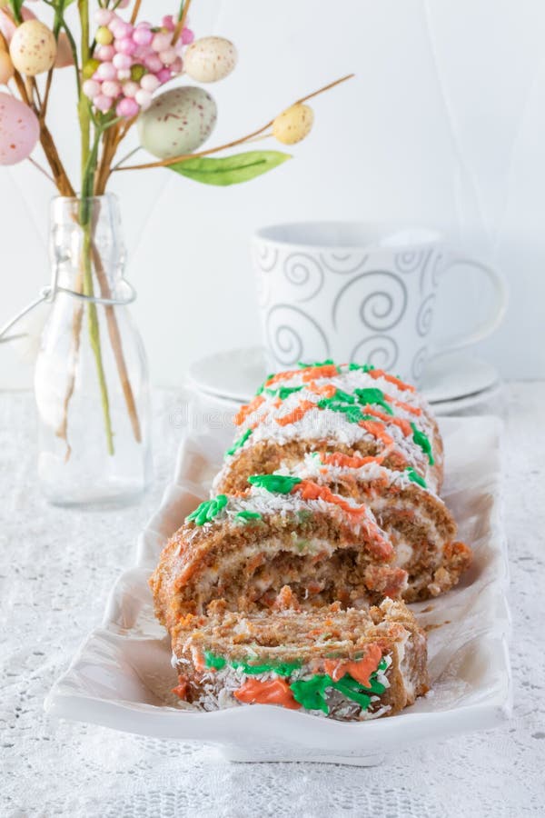 Carrot Cake Jelly Roll for Easter, on a Platter Against a White ...