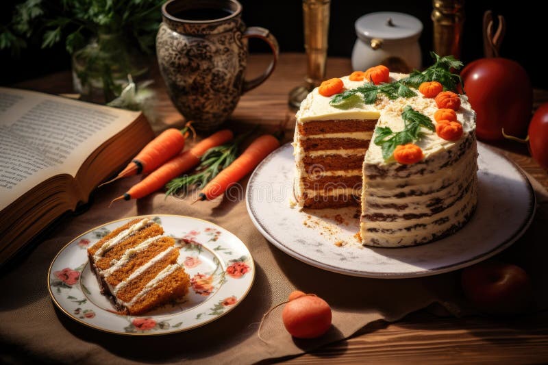Carrot Cake Recipe Book Open Next To the Cake Stock Illustration ...