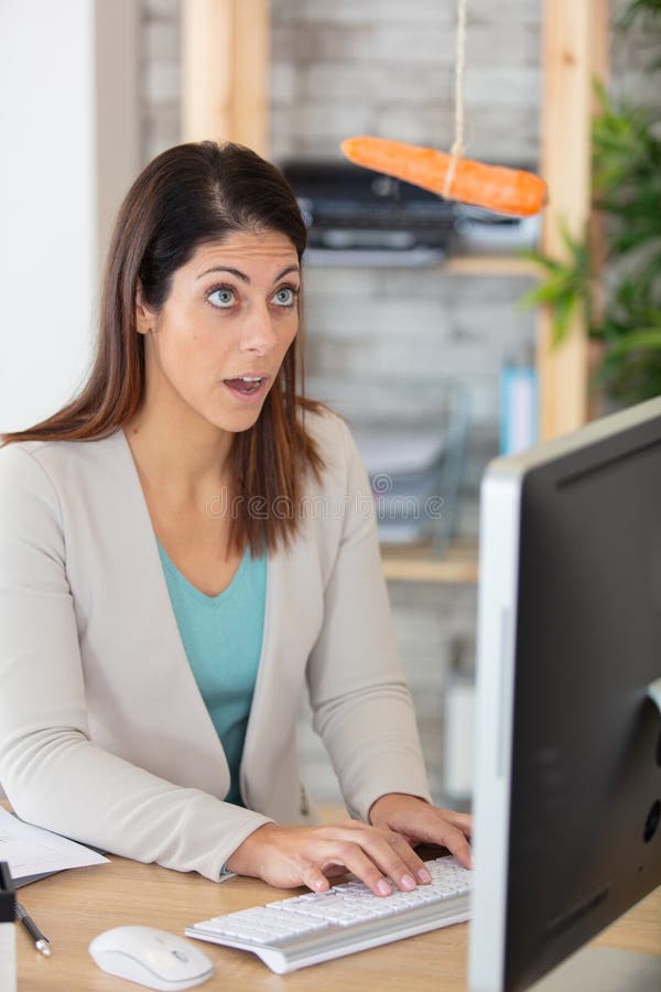 Carrot Danginling Above Lady Using Computer Stock Photo - Image of motivated, computer: 271543402