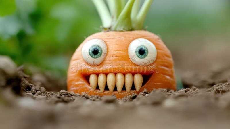 A Carrot with Eyes and Teeth Made Out of Dirt, AI Stock Photo - Image ...