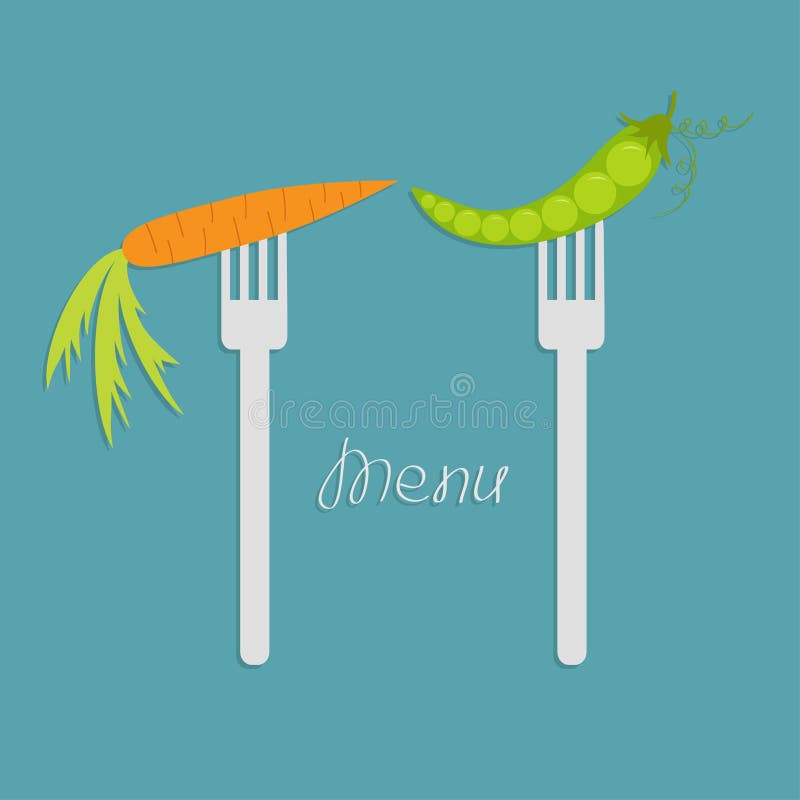 Carrot and Green Pea on Fork. Diet Concept Menu Cover Flat Design Stock ...