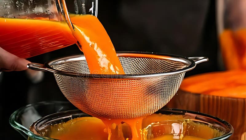 Carrot Juice is Being Poured through a Strainer into a Glass Bowl Below ...