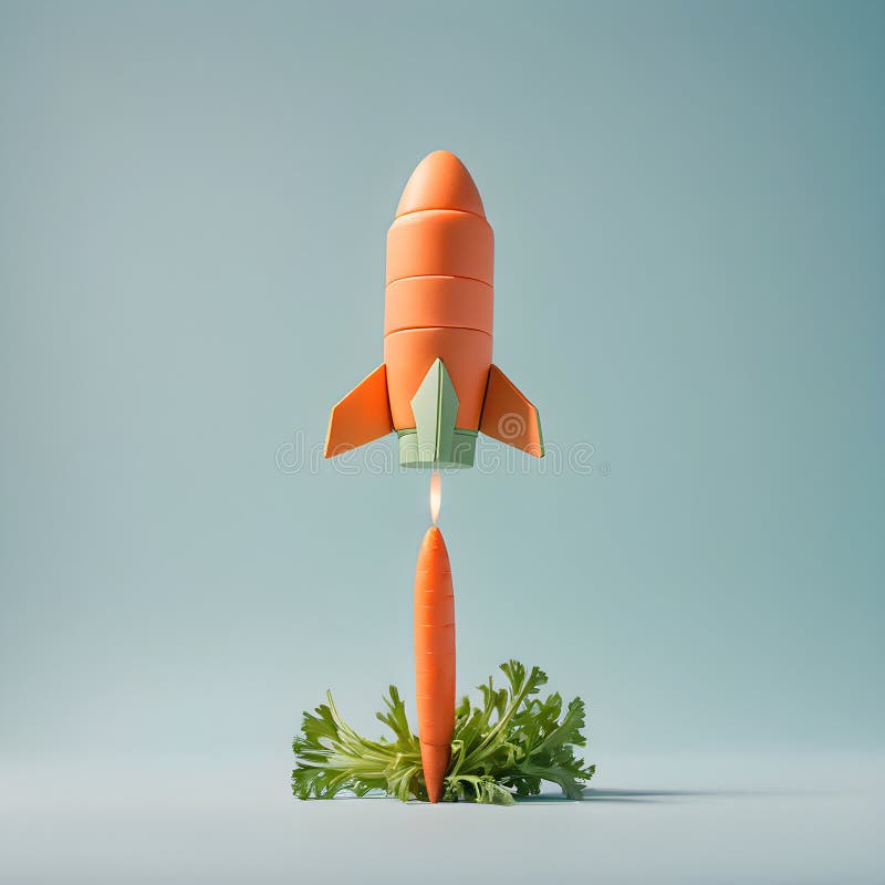 Carrot Rocket Launch on Pastel Sky Blue Background Stock Illustration ...