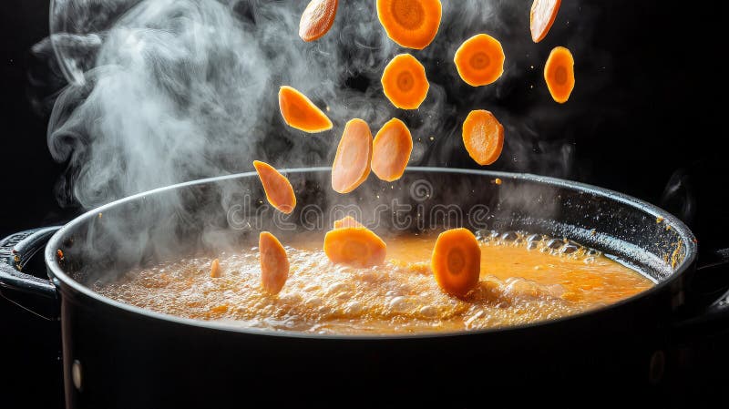 Carrot Slices Falling into Boiling Soup Stock Image - Image of meal ...
