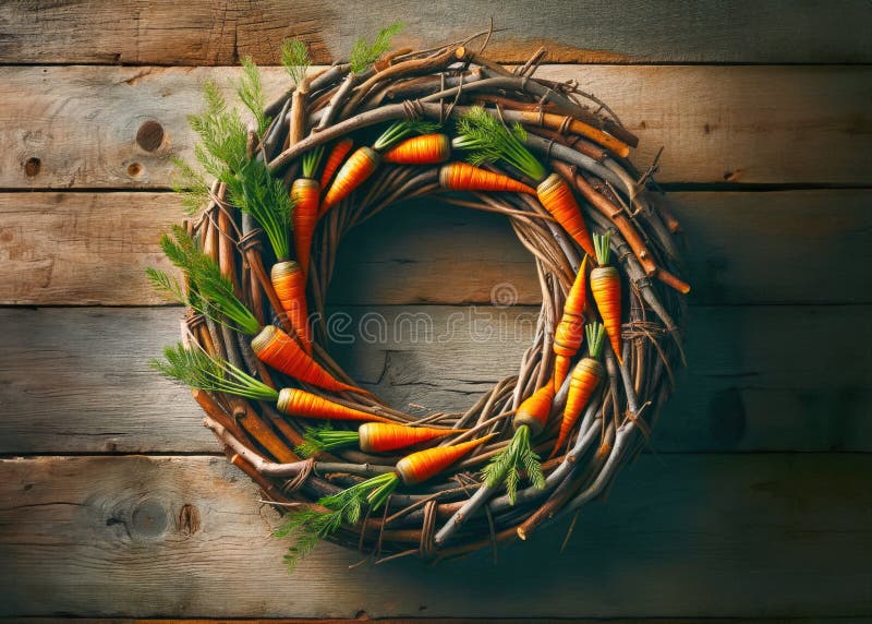 Carrot Wreath on Rustic Wooden Background, Natural and Creative Easter ...