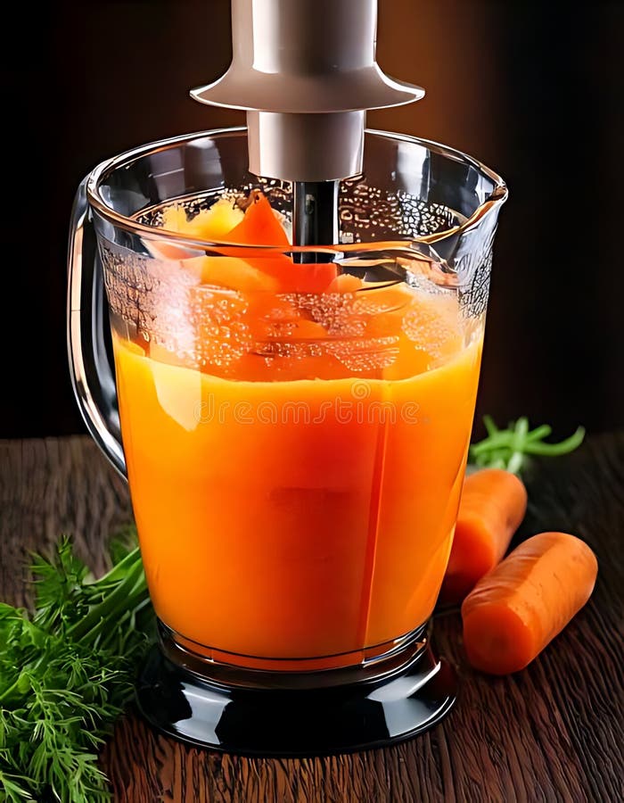 Carrots are Being Blended into a Vibrant Juice, Using an Immersion ...