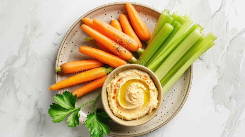 Carrots and Celery Sticks with Creamy Hummus, Arranged Beautifully on a ...