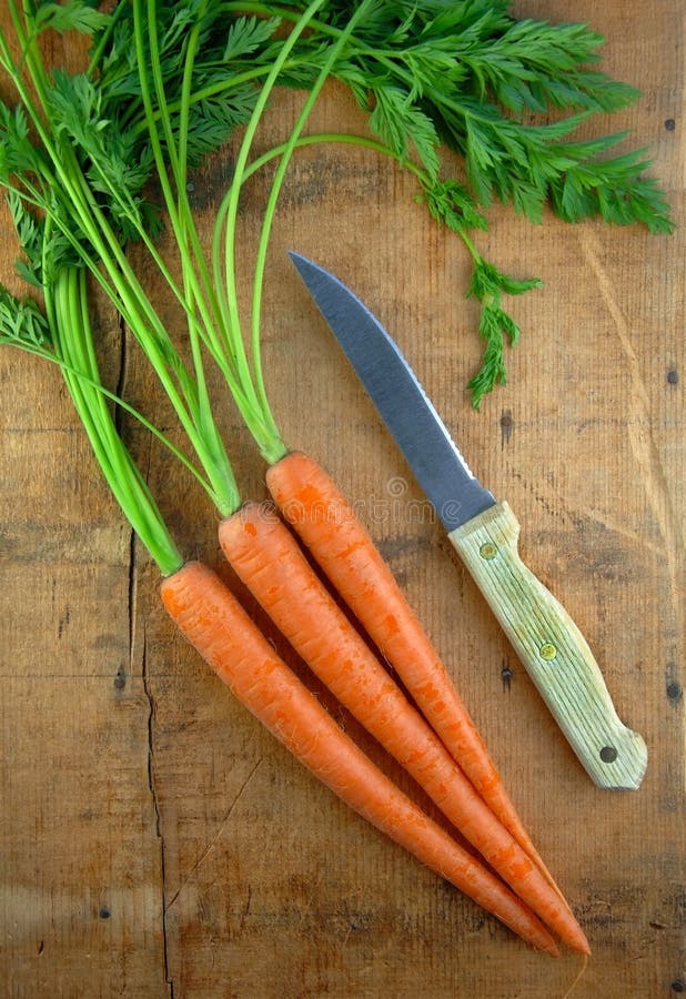 Carrots and Knife on Wood stock image. Image of rustic - 13890387