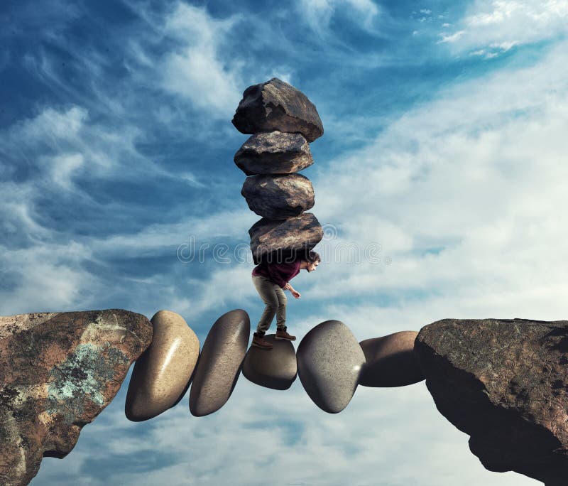 Man Carries a Stack of Stones on a Unstable Path between Stock Image ...