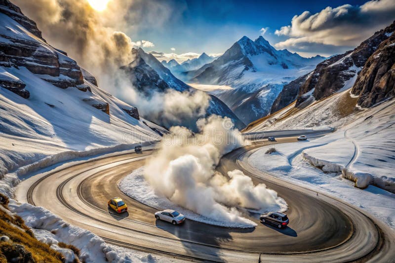 Cars Drifting through a Mountain Pass. Generative AI Stock Illustration ...