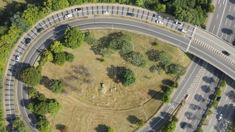Cars Drive Along a Loop Shaped Road Junction Top View. Stock Video ...