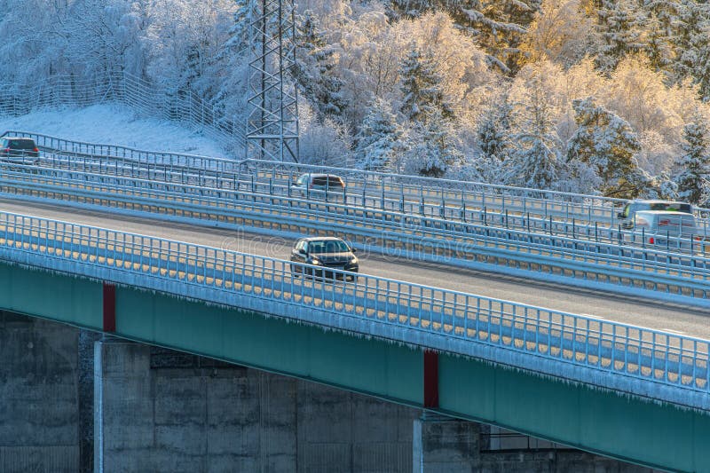 Cars Driving Across a Bridge at Winter.. Editorial Photo - Image of ...