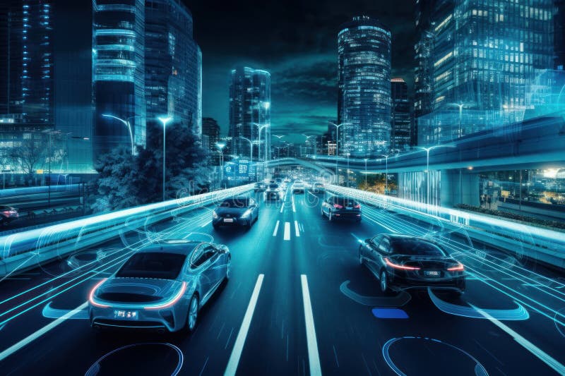 Cars Driving on a Highway with a City Skyline in the Background Stock ...