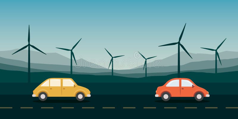 Cars Driving in a Wind Farm Landscape Stock Vector - Illustration of ...