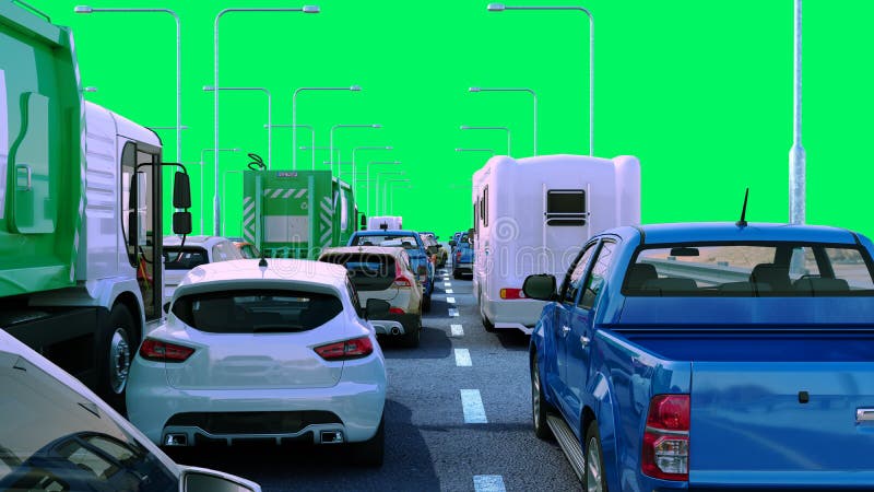 Cars on Highway in Traffic Jam 3d Render Green Screen Stock ...