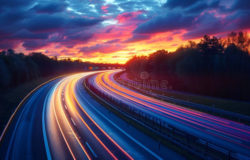 Cars Moving Fast on Highway at Sunset. Expressway at Night Time Stock ...