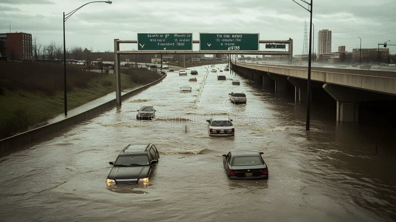 Cars Navigate a Flooded Highway after Heavy Rainfall. Stock ...