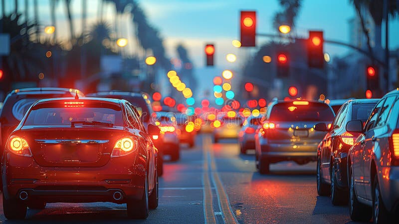 Cars Stopped at a Red Traffic Light and a Clear Blue Sky. AI Generated ...