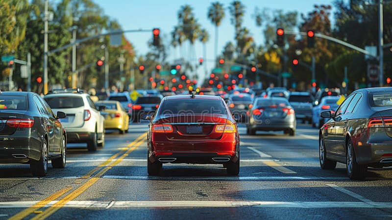 Cars Stopped at a Red Traffic Light and a Clear Blue Sky. AI Generated ...