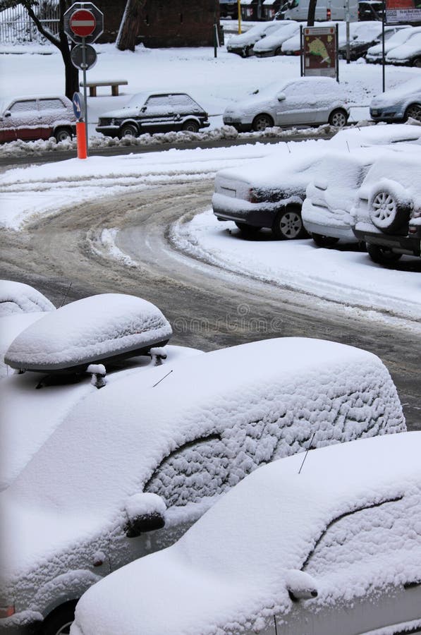 Row of Cars Covered in Snow Stock Photo - Image of february, slippery ...