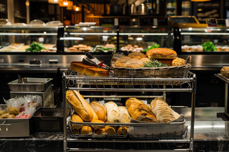 Cart Near a Bakery Section with Warm Bread Display Stock Illustration ...