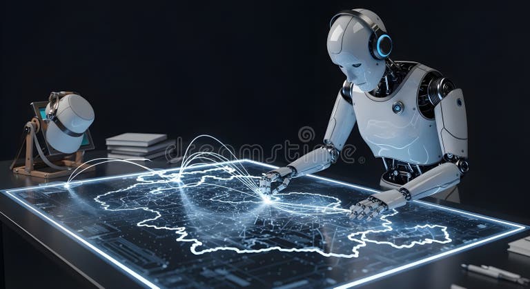 A Cartographer AI Drawing a Map of a New Digital Frontier with Light, a ...