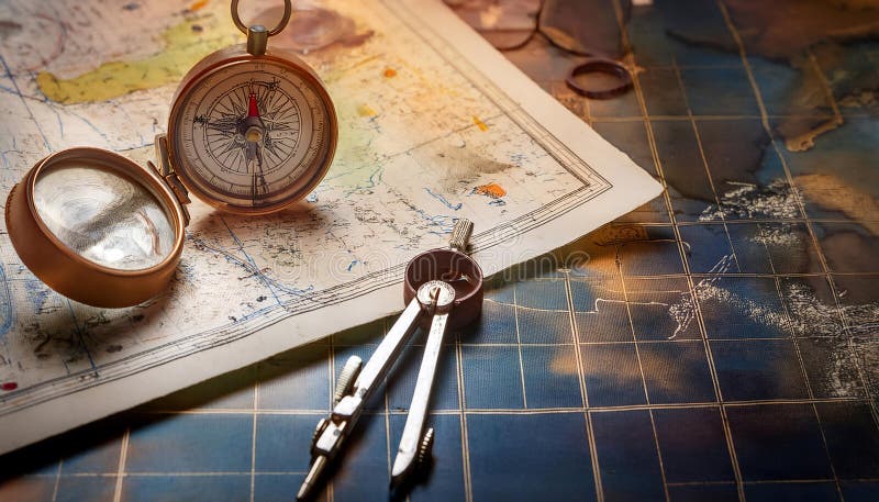 Cartography and Map Making, Featuring Elements Like Maps, Compasses ...