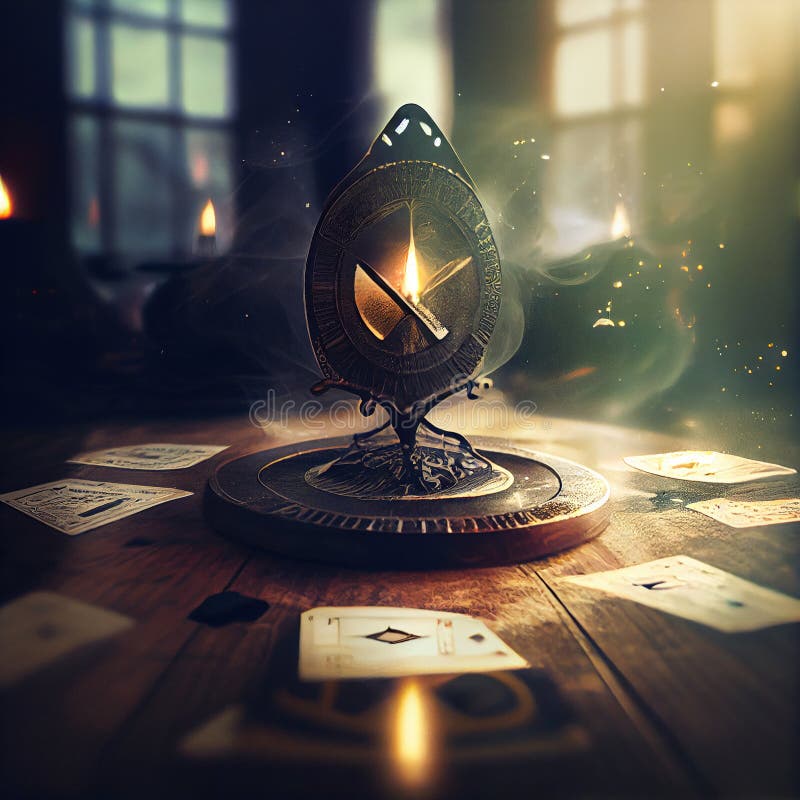 Cartomancy and Tarot, Pendulum on Altar with Defocused Cards. Stock ...