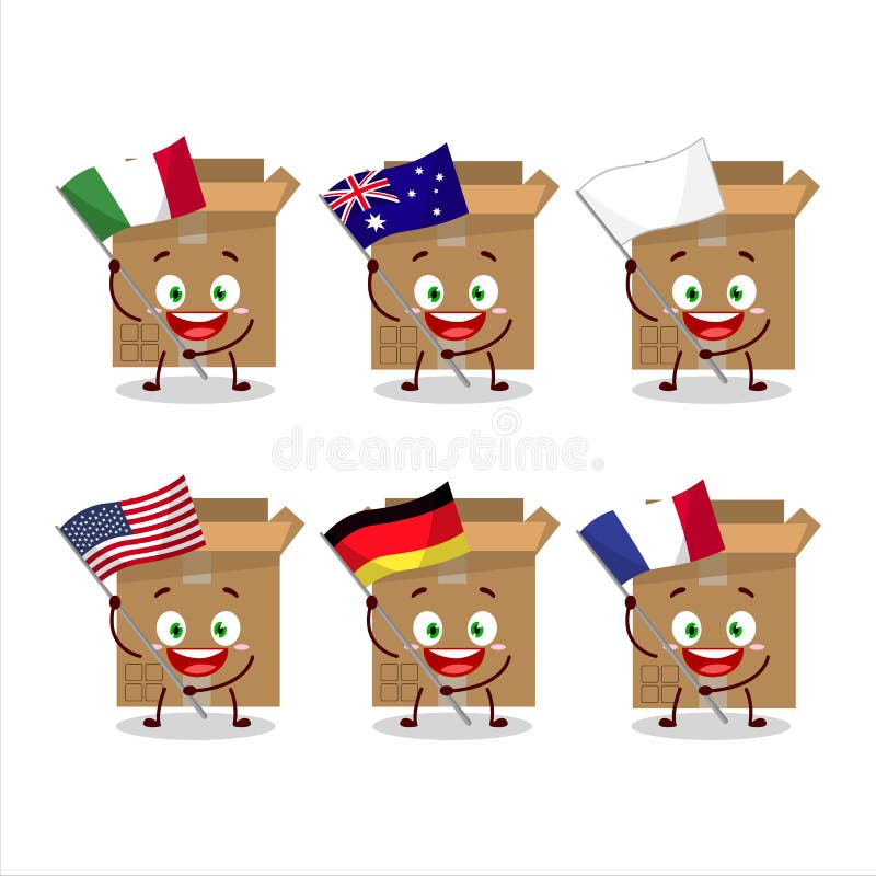 Carton Box Cartoon Character Bring the Flags of Various Countries Stock ...